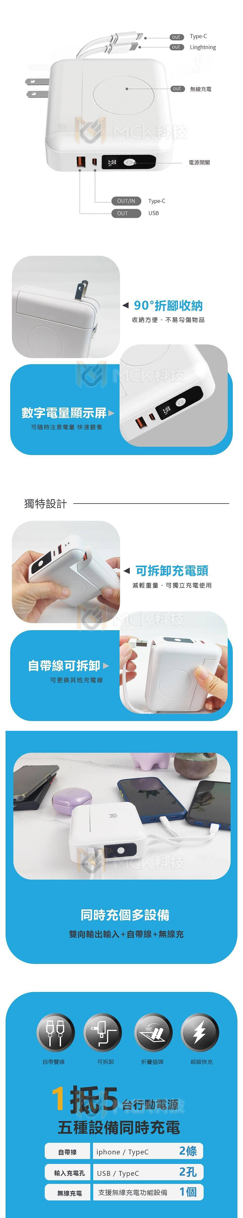 台灣製 MCK-SPB001 自帶可拆線+充電頭 PD+QC 22.5W 15W無線充行動電源 10000mAh - Okinawa - iOPEN Mall